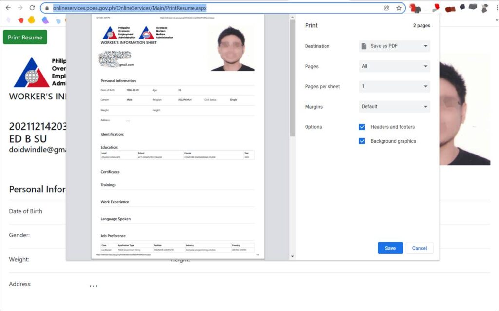 Click Print Resume To Download A Copy Of Your Information Sheet